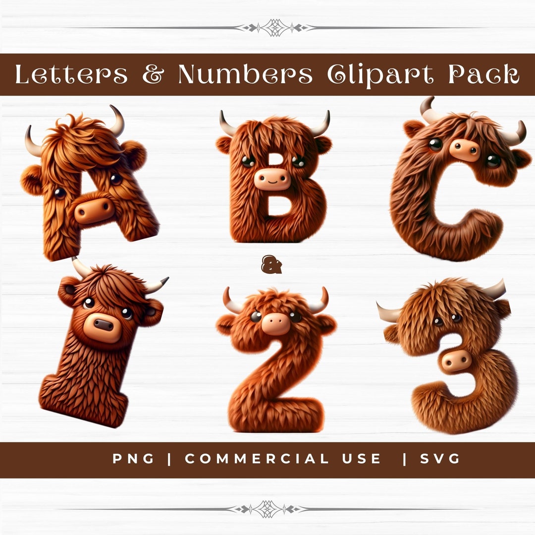Highland Cow Clipart, Highland Design, Numbers Clipart, ABC Clipart ...