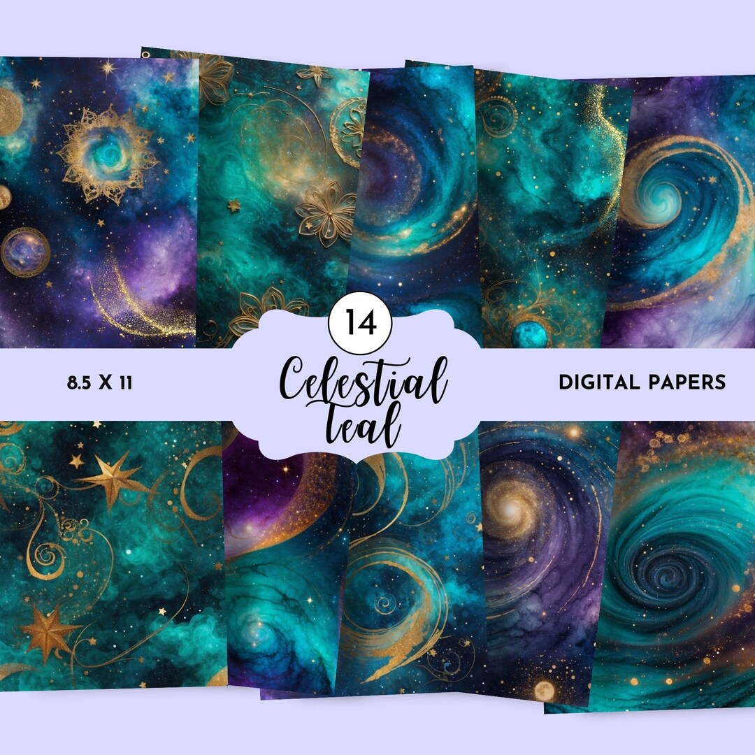 Galaxy Digital Papers, Celestial Digital Paper Pack, Teal Papers ...