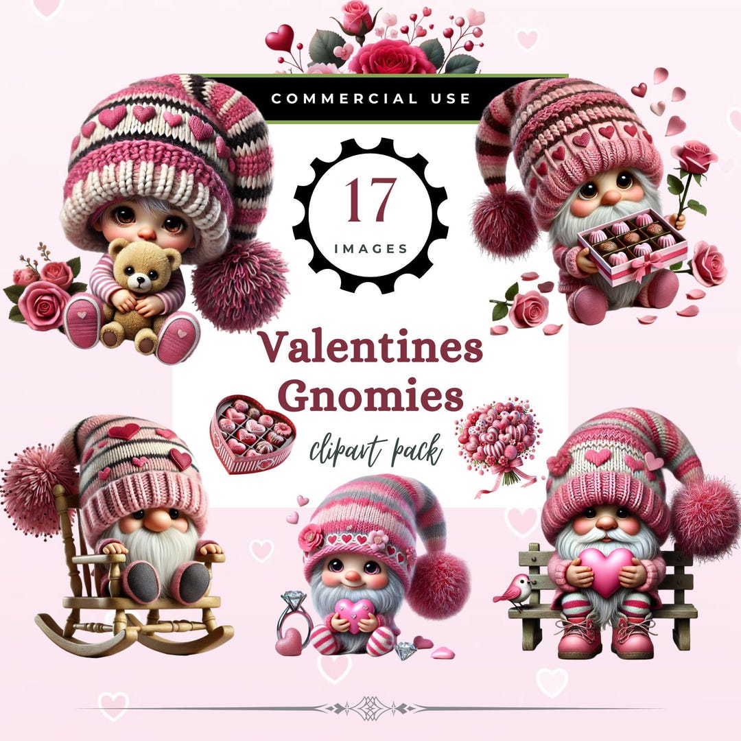 Pink Valentine Gnome Clipart Bundle, Heart Love-themed Graphics ...