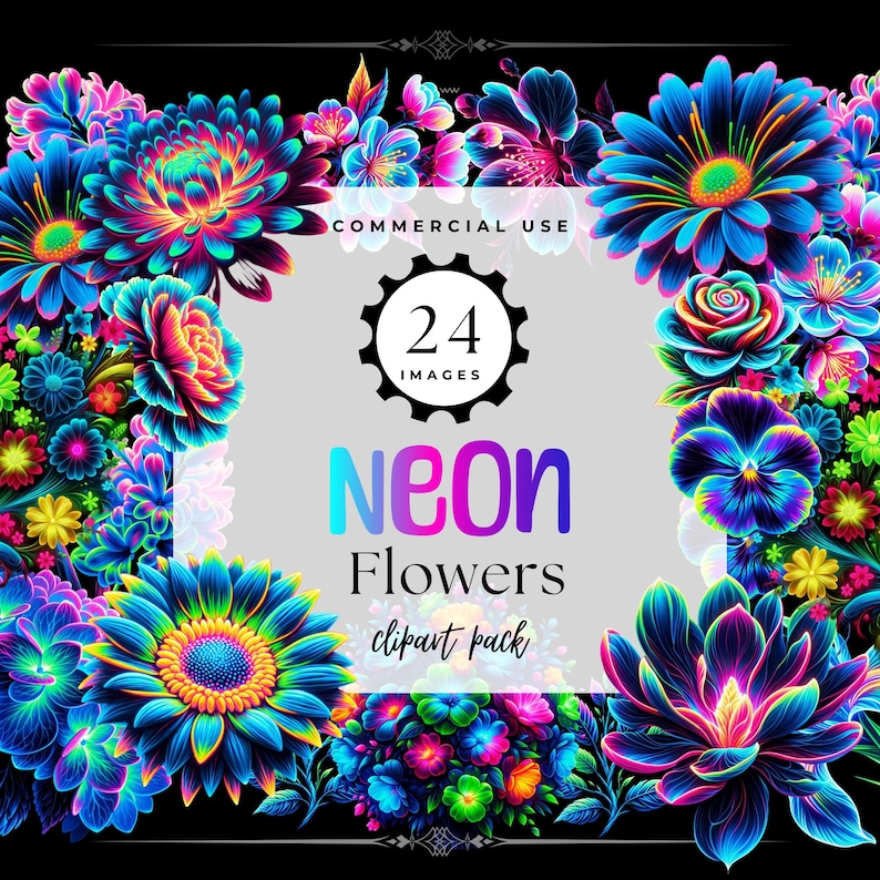 Neon Flower PNG Clipart Bundle, Bold Retro Floral Images, Wedding ...