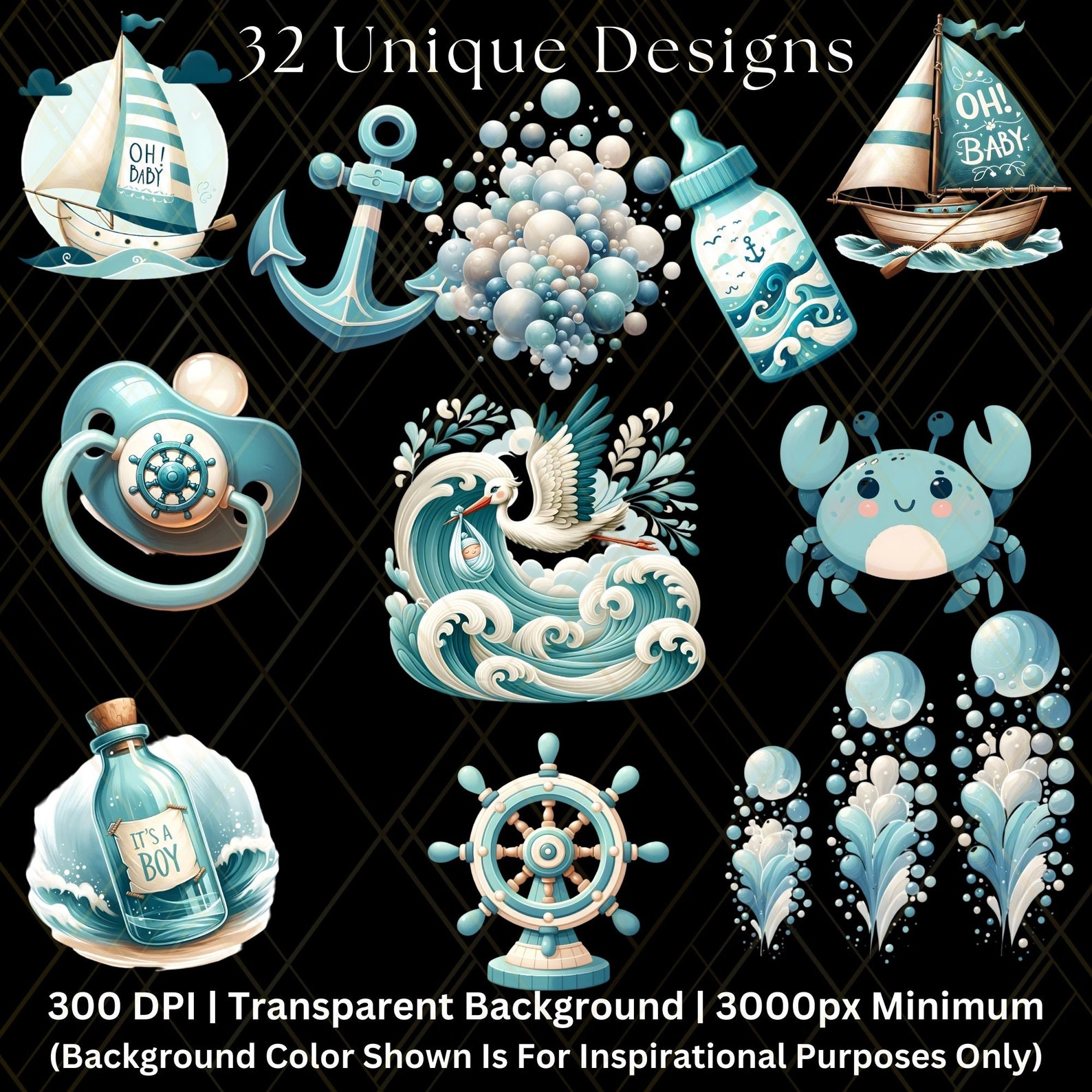 Baby Boy Clipart, Baby Shower, Nautical Clip Art, Newborn Nursery, Blue ...