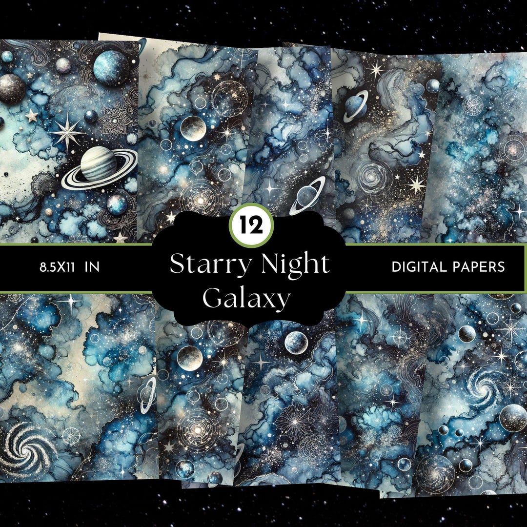 Starry Night Digital Paper, Cosmic Galaxy, Space Landscape, Night Sky ...