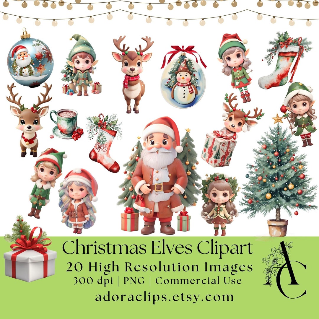 Santa & Elf Clipart Set, Christmas Clipart Bundle, Watercolor Christmas ...
