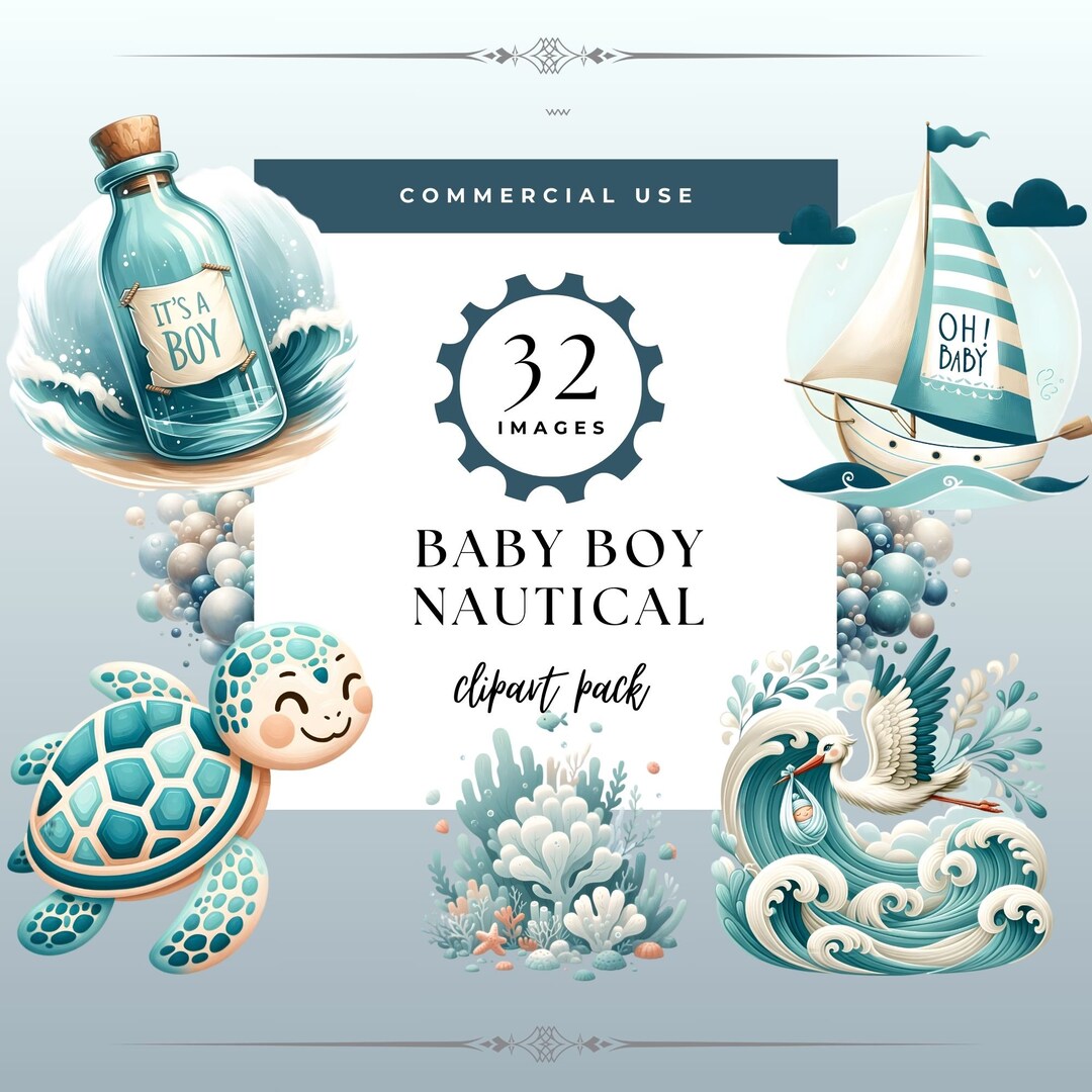 Baby Boy Clipart, Baby Shower, Nautical Clip Art, Newborn Nursery, Blue ...