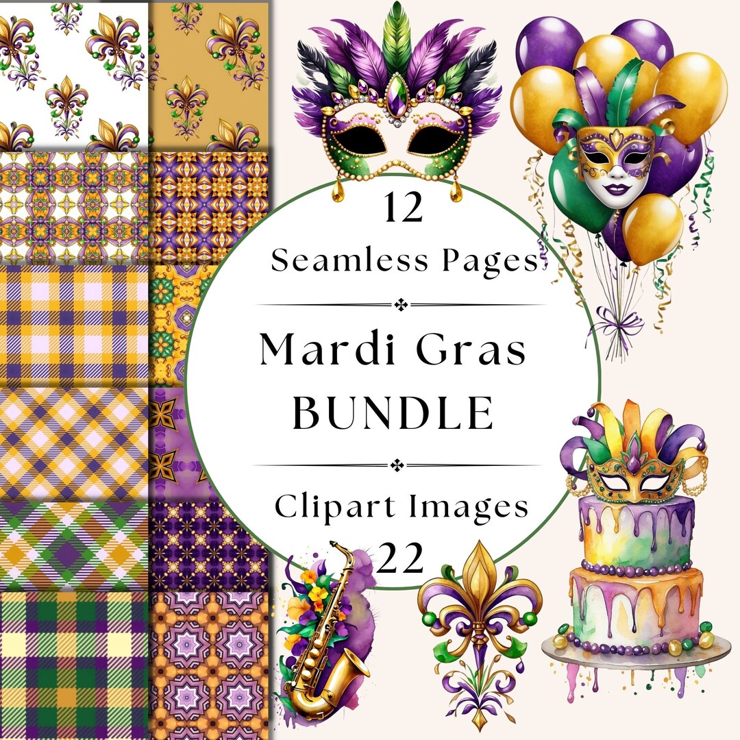 Mardi Gras Clipart, Seamless Papers, Bundle, Junk Journal, Watercolor ...