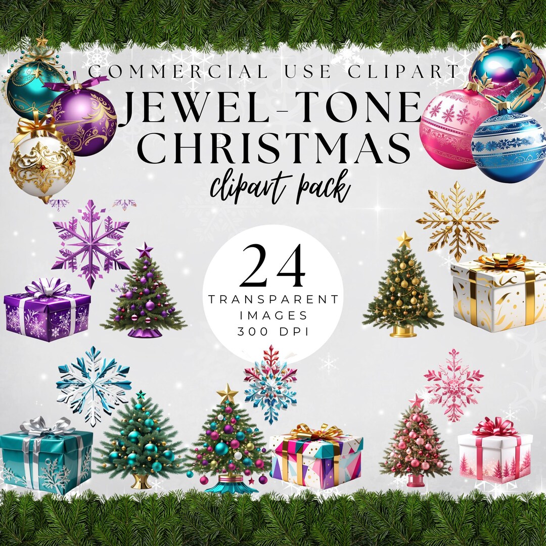 Christmas Clipart, Jewel Tone Colors, Christmas Tree, Snowflake ...