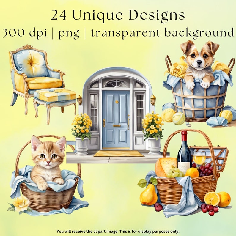 Blue Yellow Cottagecore Clipart, Rustic Watercolor PNG (24 Images) - Etsy