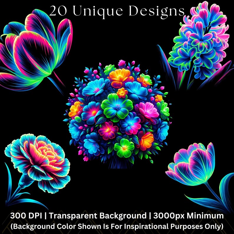 Neon Flower Clipart, Fantasy Clipart, Pastel Flowers, Watercolor ...