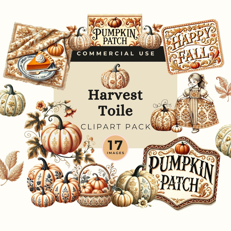 Vintage Fall Toile Clipart Pack, Autumn Pumpkin Graphics for Journals ...