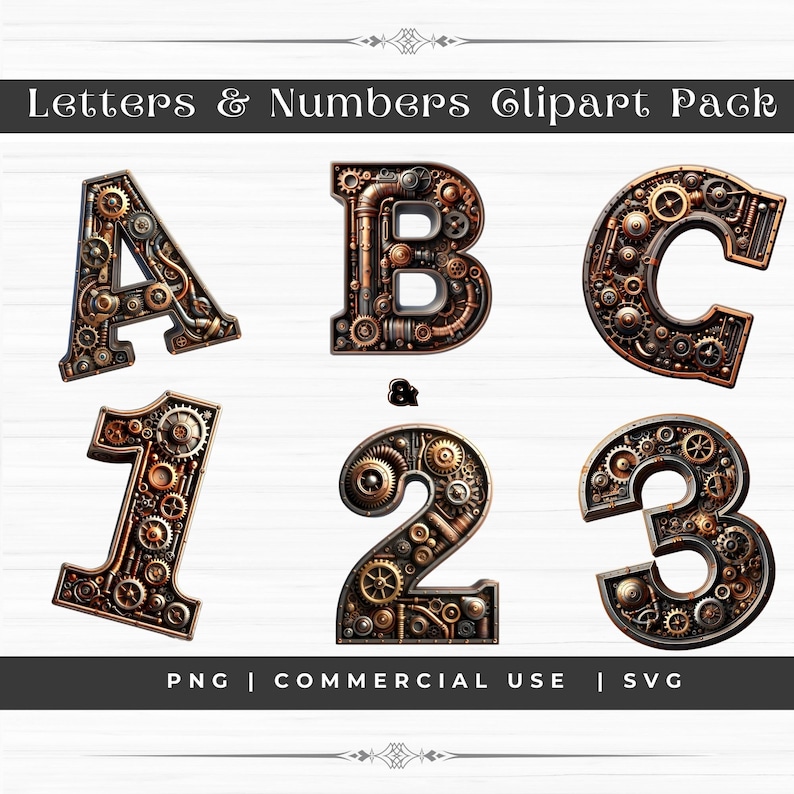 Steampunk Letters Numbers Clipart, Steampunk Digital Alphabet ...