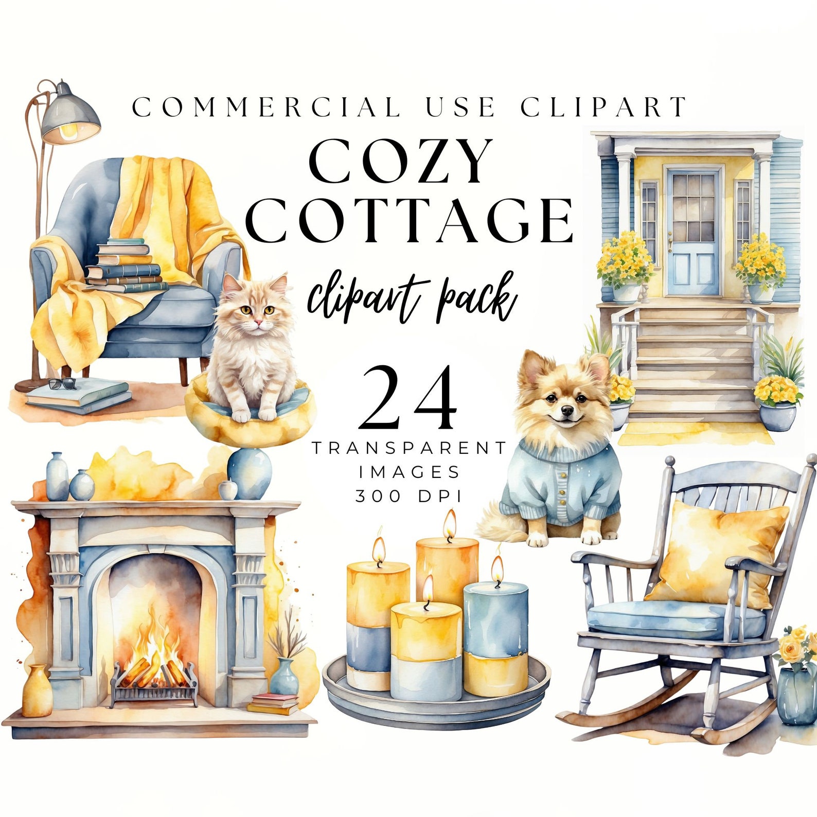 Blue Yellow Cottagecore Clipart, Rustic Watercolor PNG (24 Images) - Etsy