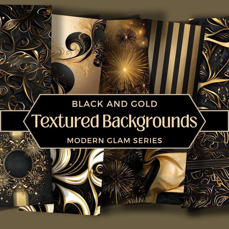Black and Gold Digital Papers, Modern Glam Textured Backgrounds for ...