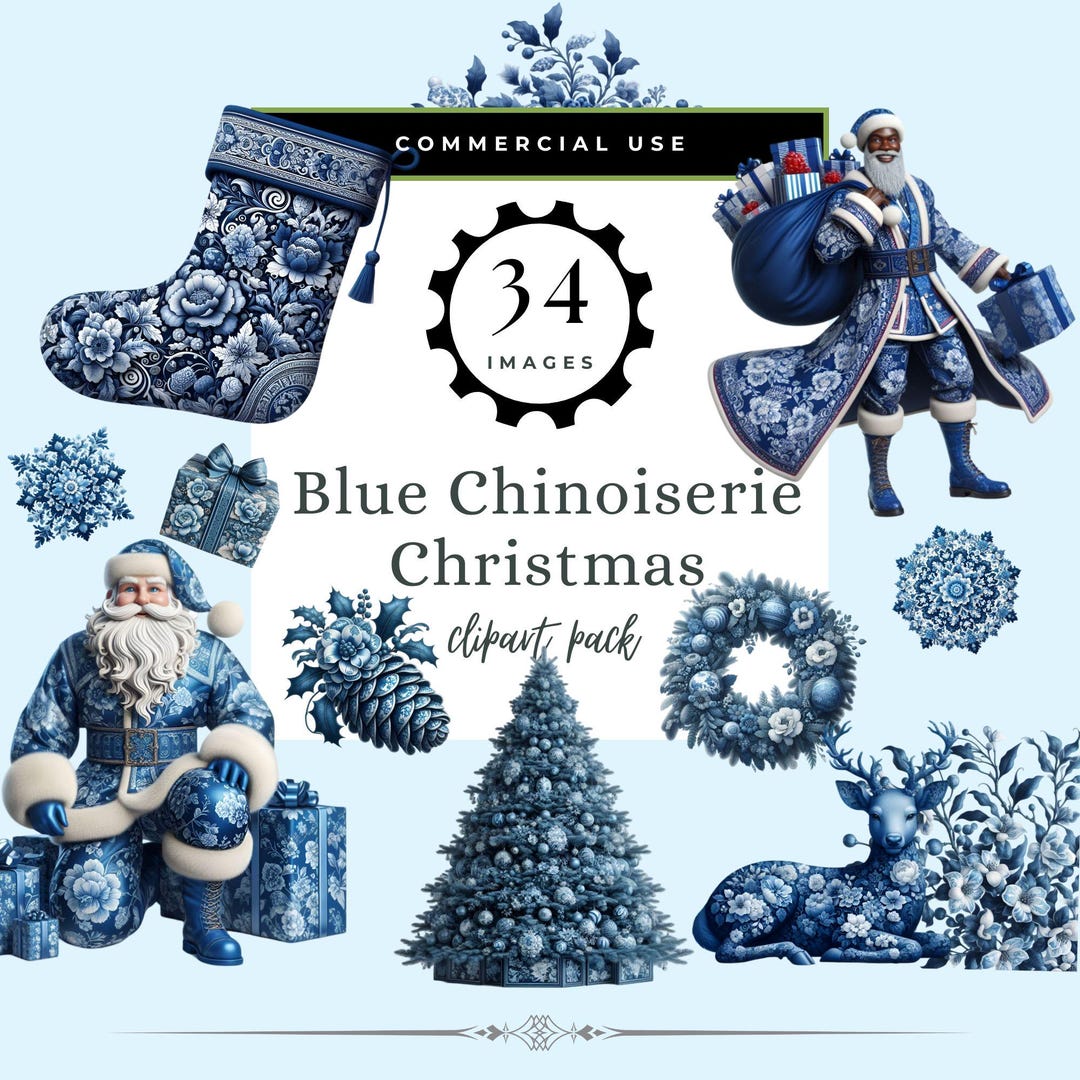 Blue Chinoiserie Christmas Clipart, Blue Toile Christmas, Christmas ...
