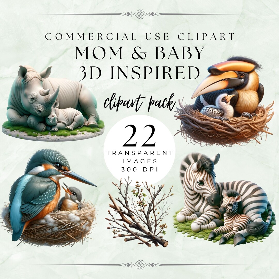 Baby Animal and Mom Clipart, Animal Mom and Baby Clipart, Nursery Decor ...