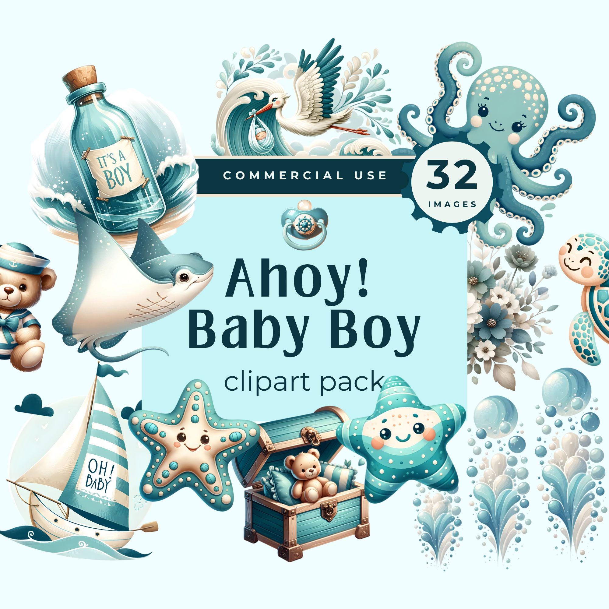 Baby Boy Clipart, Baby Shower, Nautical Clip Art, Newborn Nursery, Blue ...