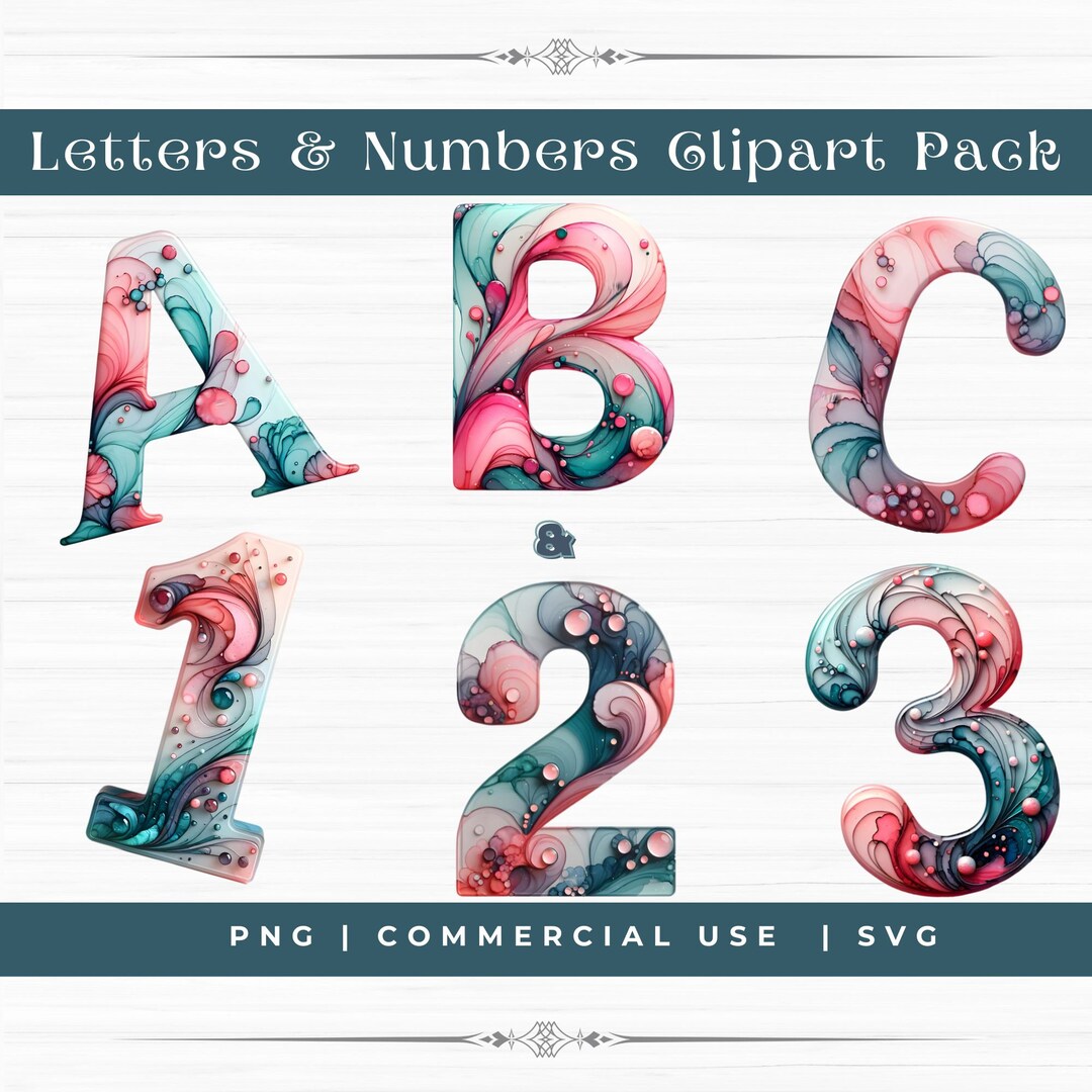 Alphabet Clipart, Numbers Clipart, Pink Letters, Teal Letters, ABC ...