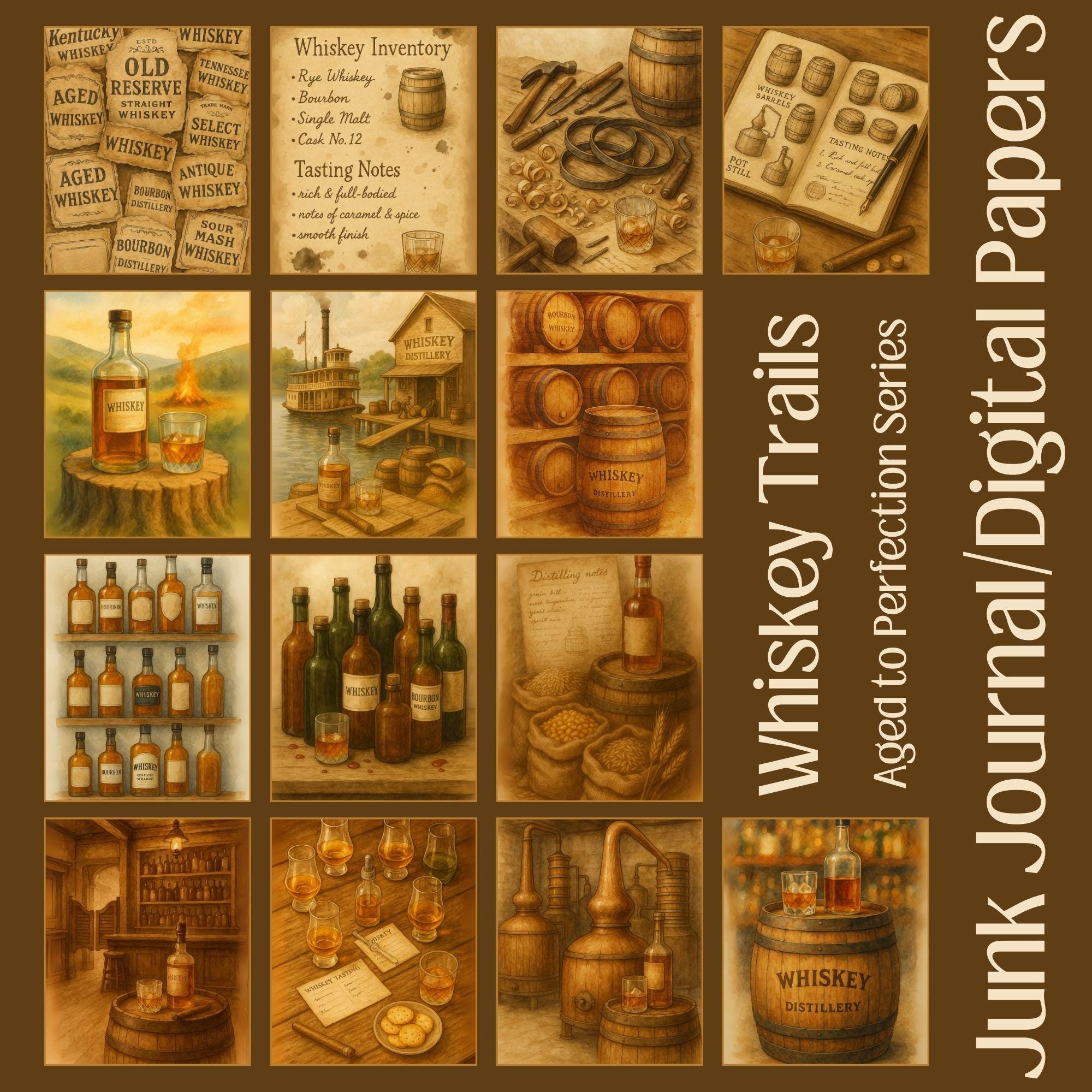 Whiskey Trails Digital Papers, Whiskey Bourbon Distillery Junk Journal ...