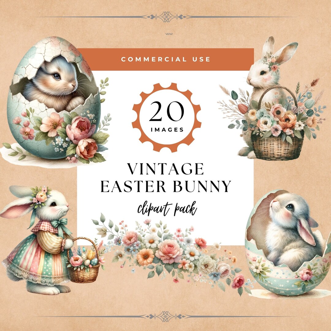 Cute Easter Bunny Clipart, Easter Clipart Bundle, Vintage Bunny, Easter ...