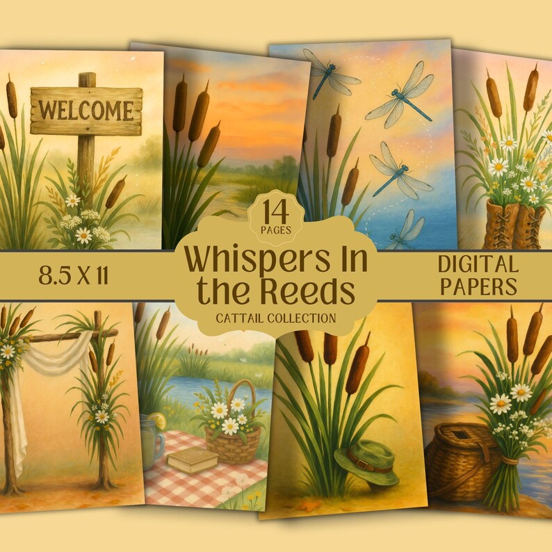 Cattails and Reeds Watercolor Clipart, Dragonfly Pond, Junk Journal - Etsy