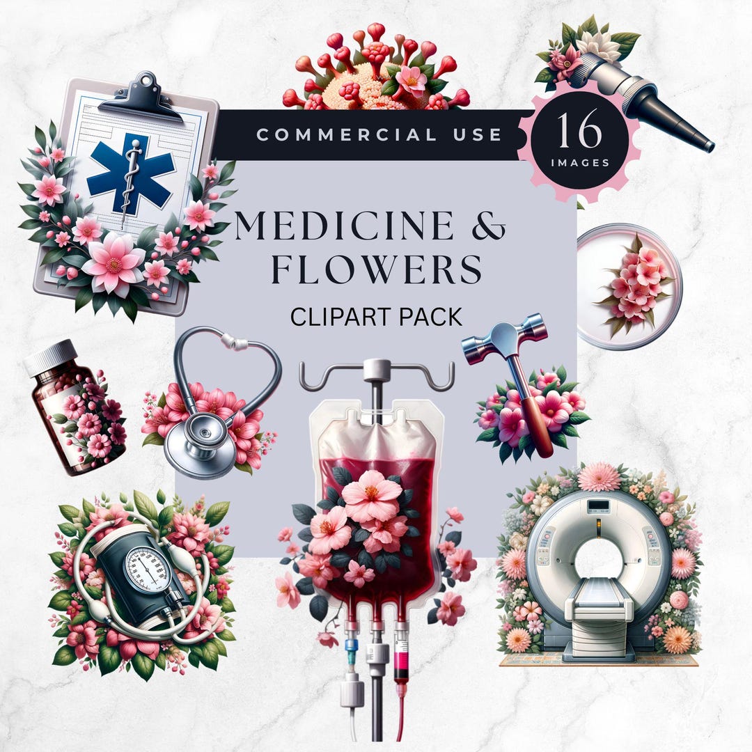 Medical Flower Clipart Set, Healthcare PNG Graphics for Scrapbooks and ...
