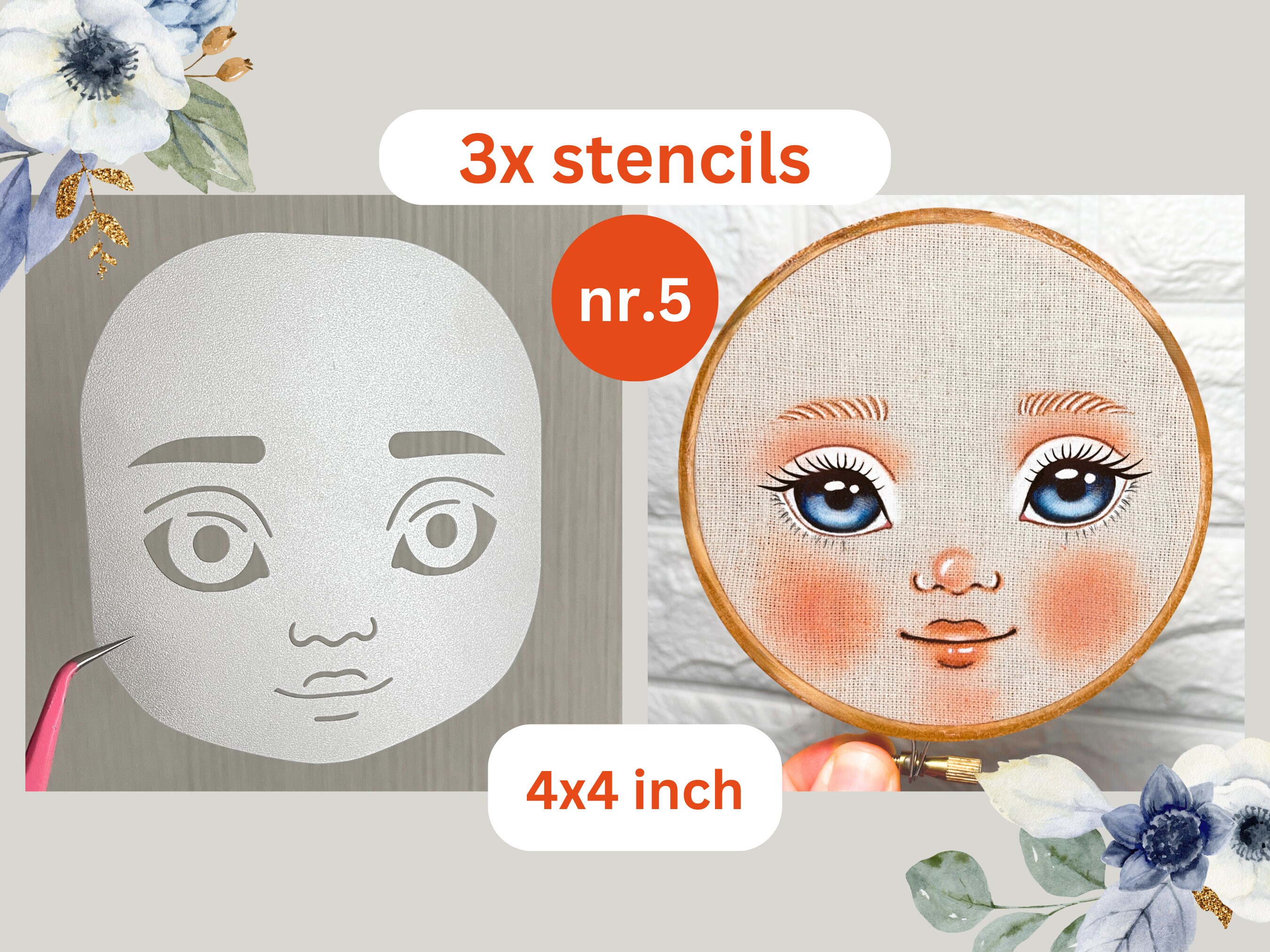 Doll Face Stencil Template for Hand Embroidery or Painting 4x4 Inches ...