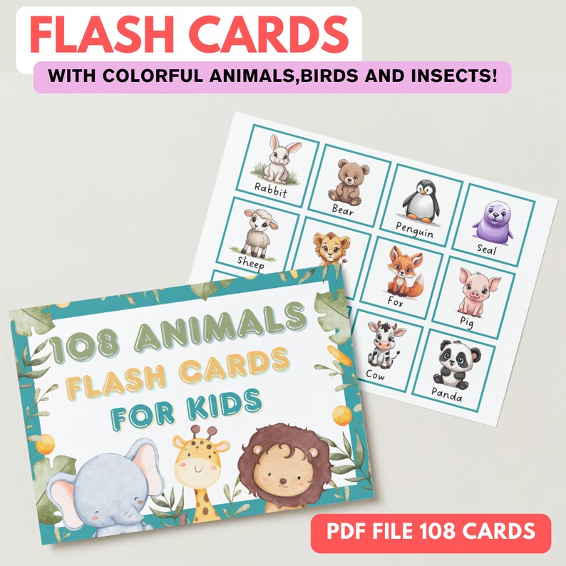Animal Flash Cards for Kids Instant Download Montessori Cards 108 ...