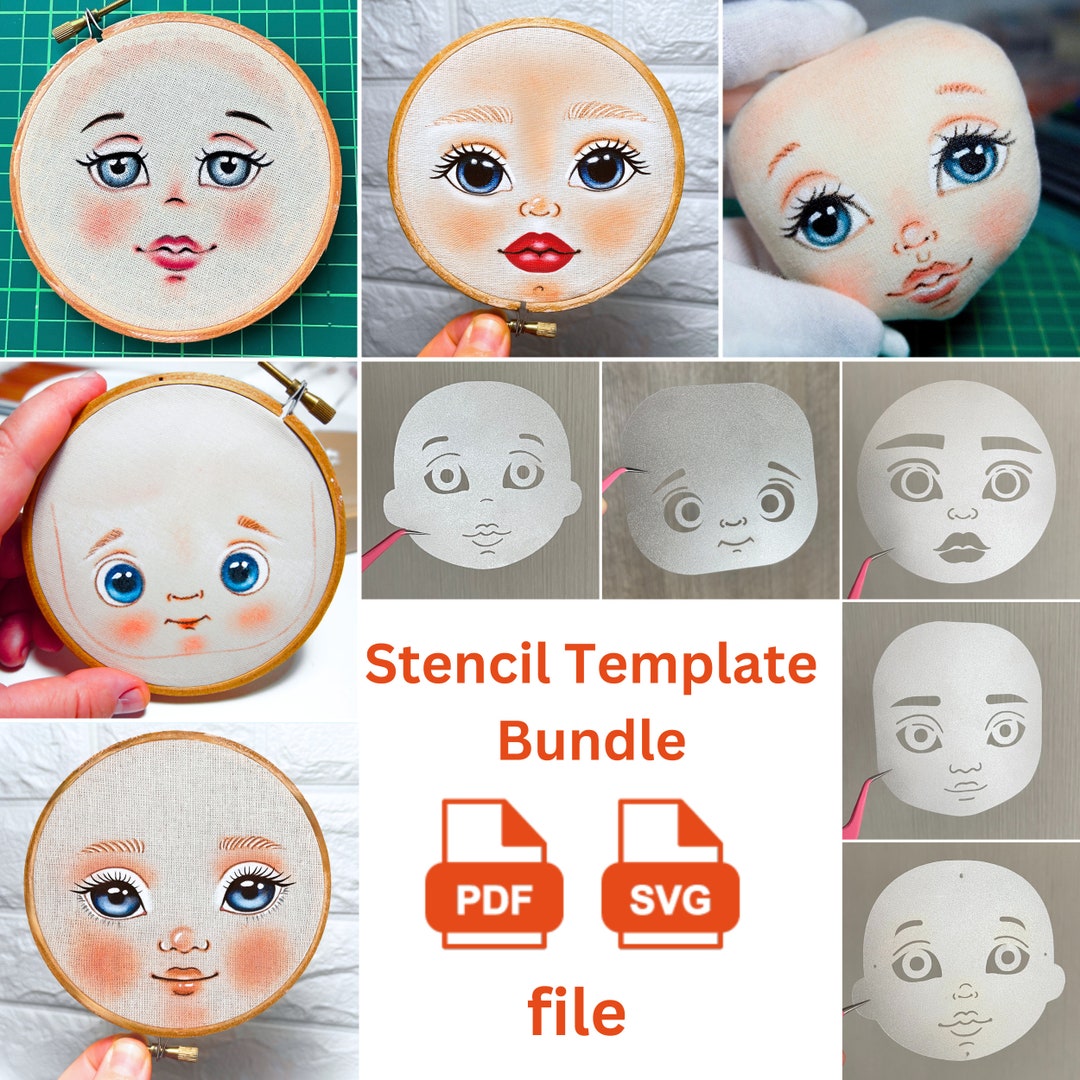 Doll Face Stencil Template Bundle for Hand Embroidery or Painting ...