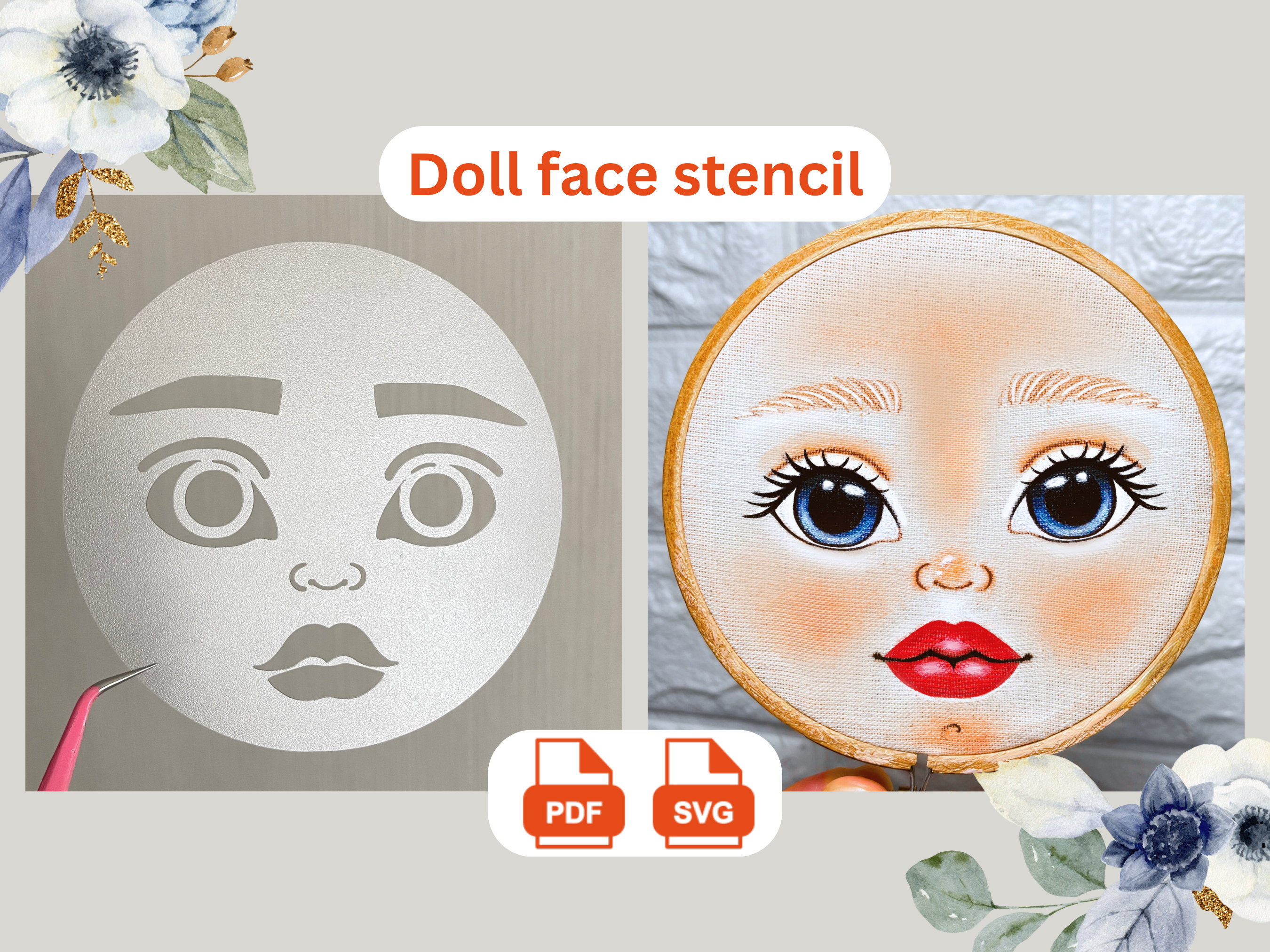 Doll Face Stencil Template for Hand Embroidery or Painting Cricut ...