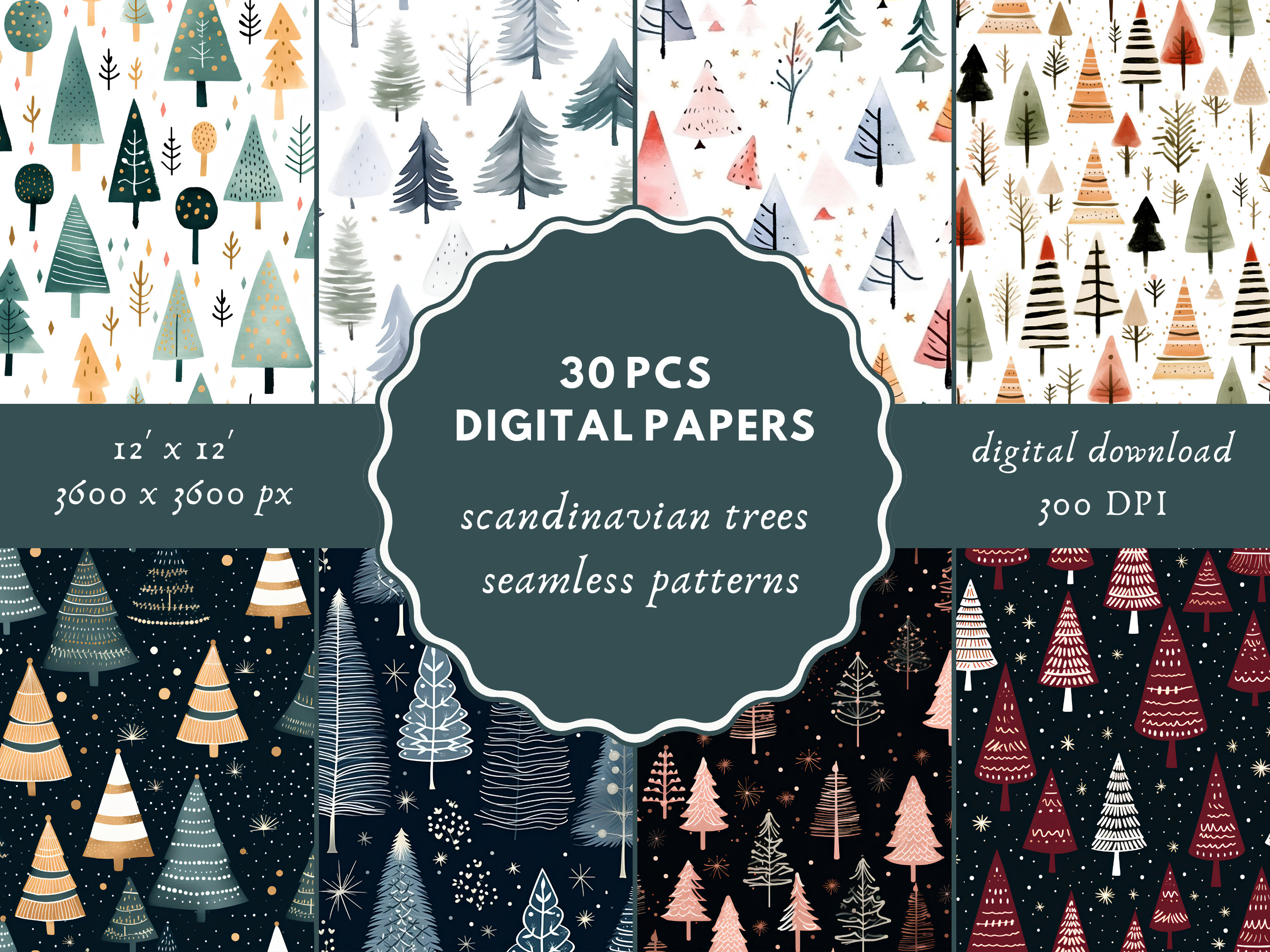 Christmas Digital Paper, Digital Paper Pack, Scandinavian Trees Pattern ...