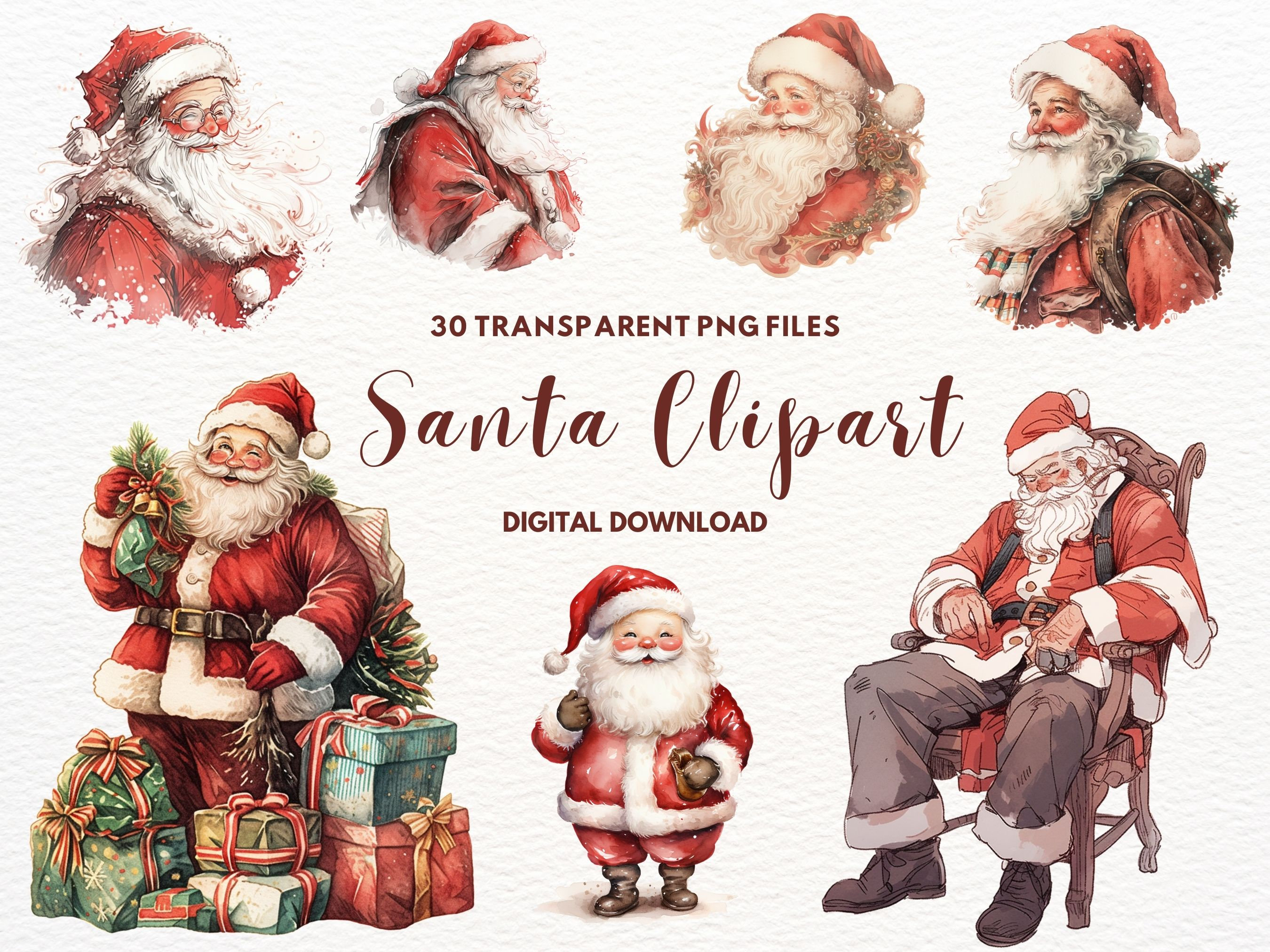 Santa Clipart, Watercolor Christmas Clipart, Christmas Clipart Bundle ...