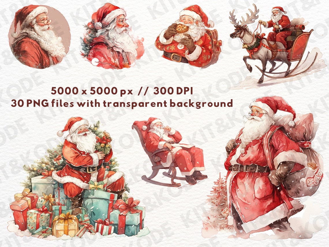 Santa Clipart, Watercolor Christmas Clipart, Christmas Clipart Bundle ...