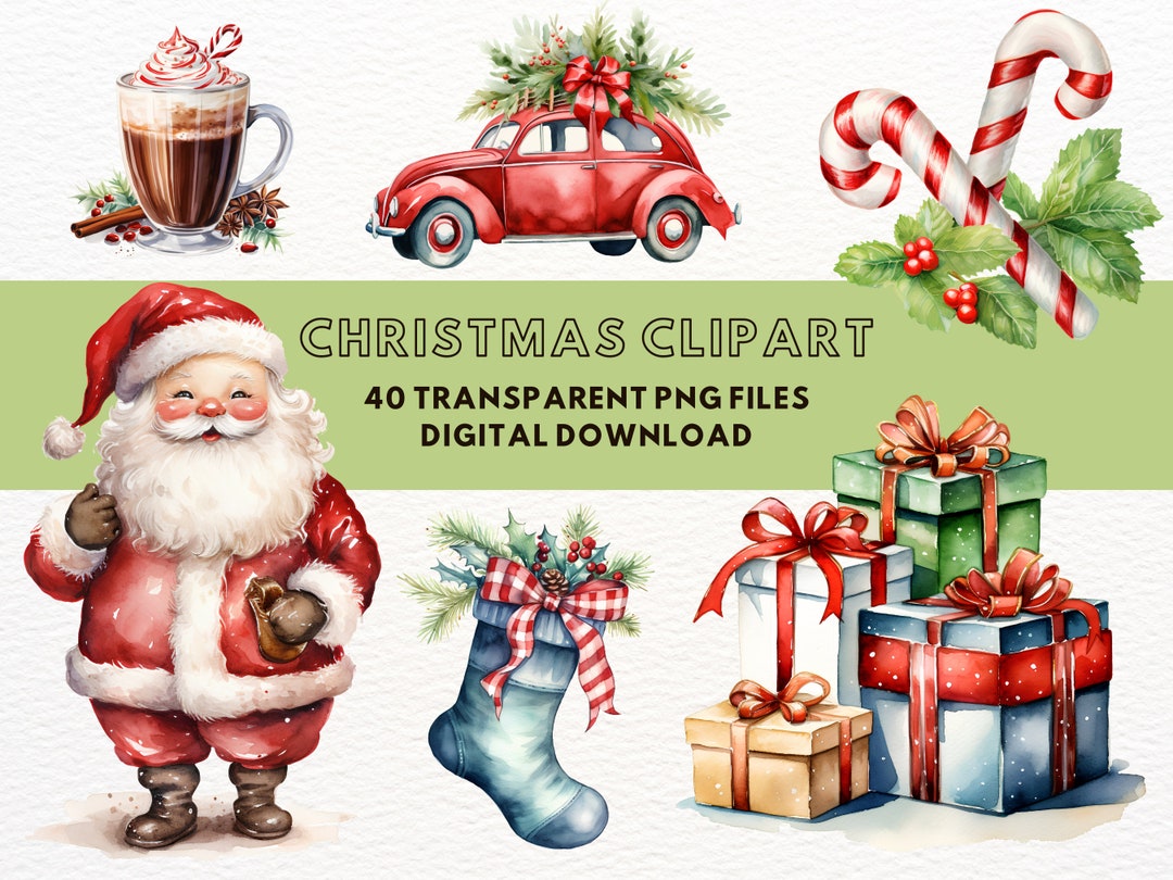 40 Pcs Christmas Watercolor Clipart, Santa Clipart, Watercolor Clipart ...