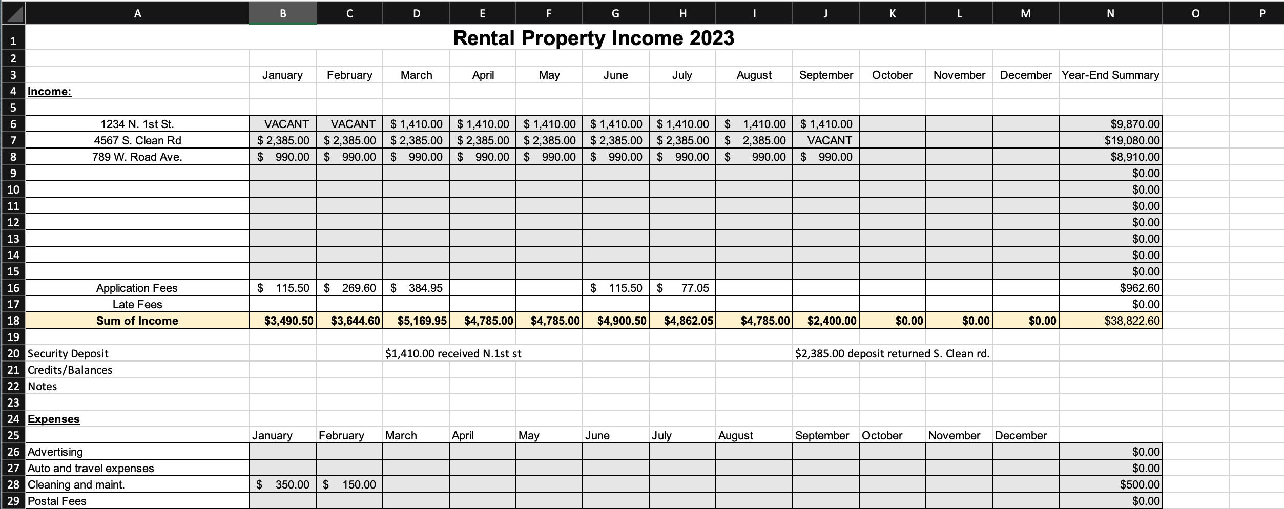 Property Management Landlord Rental Property Excel Spreadsheet Income ...