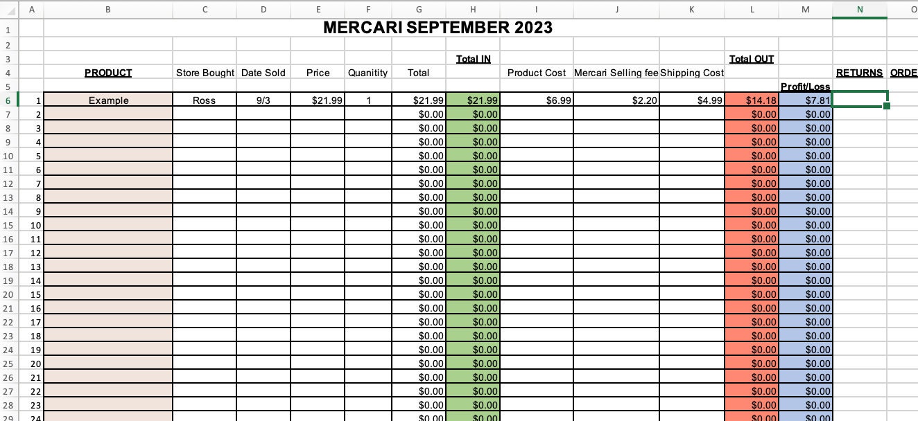 Mercari Reseller Excel Spreadsheet Profit Loss Tracker and Bookkeeping ...