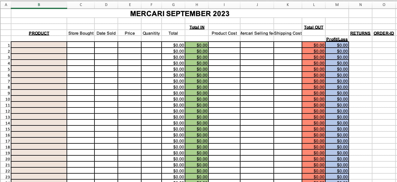 Mercari Reseller Excel Spreadsheet Profit Loss Tracker and Bookkeeping ...