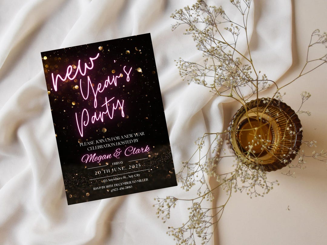 Editable Pink Neon New Years Party Invitation, Electronic New Years Eve ...