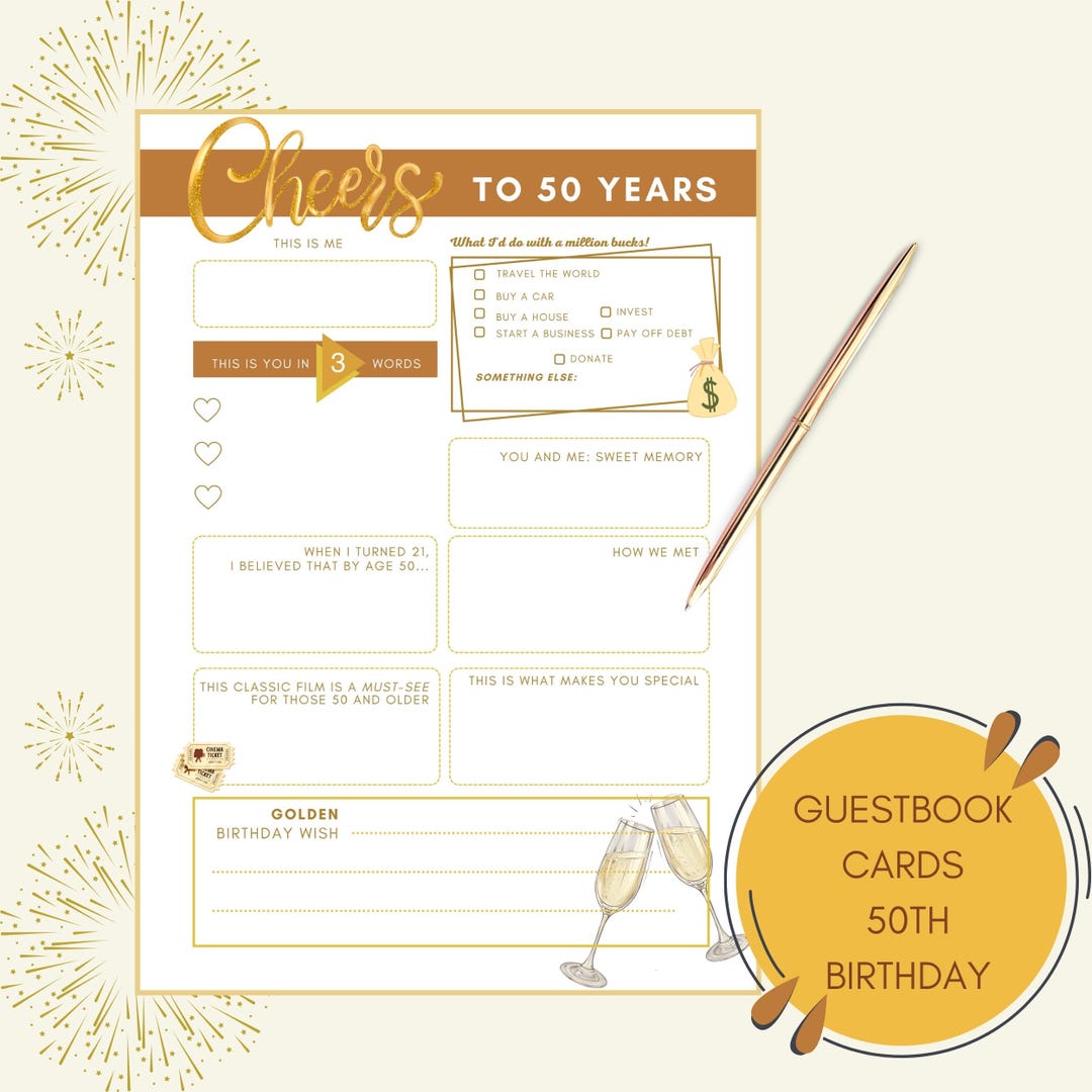 50th Birthday Guest Book Printable Cards for Birthday Guests to Fill ...