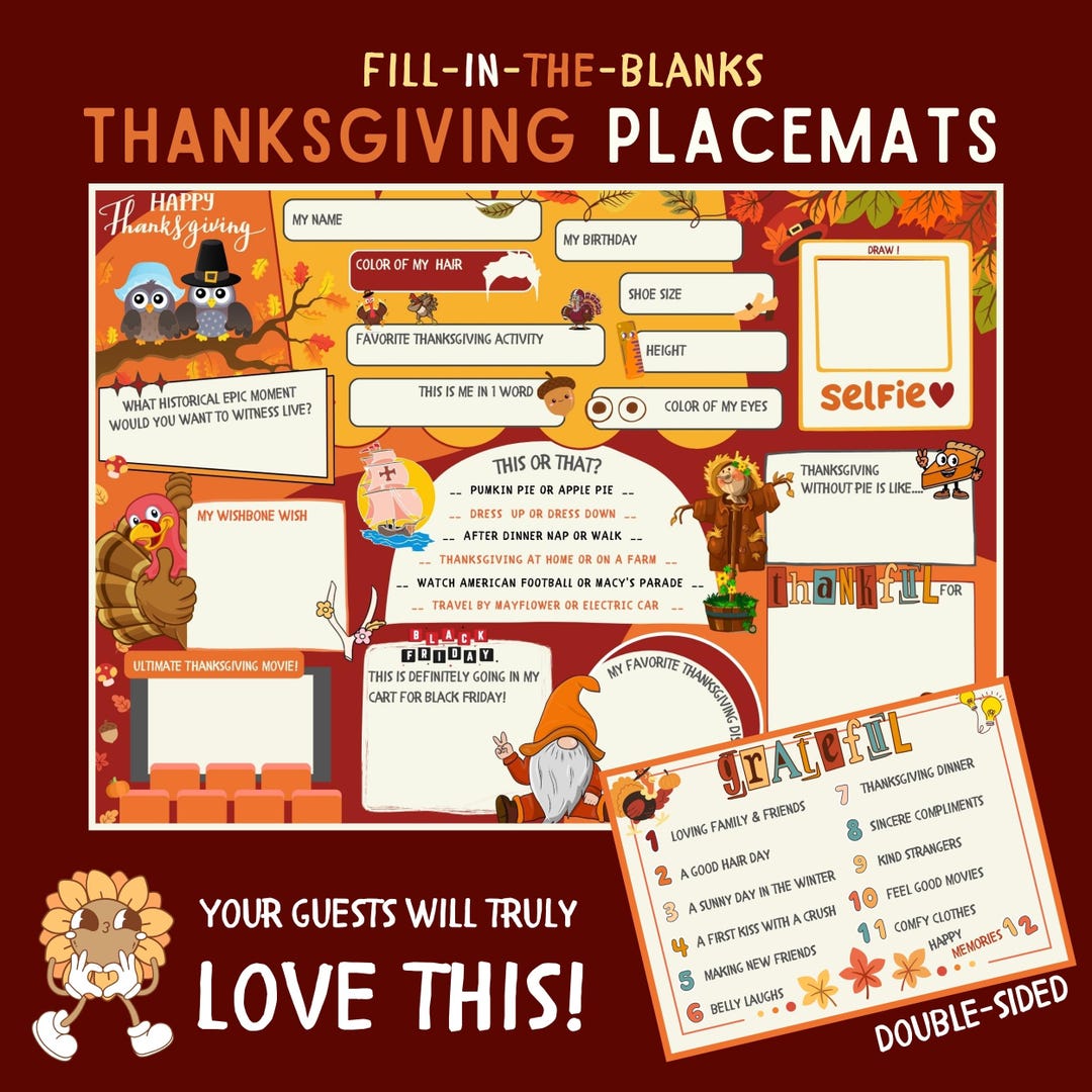 Printable Thanksgiving Placemat: Fun Activity for Adults & Kids ...