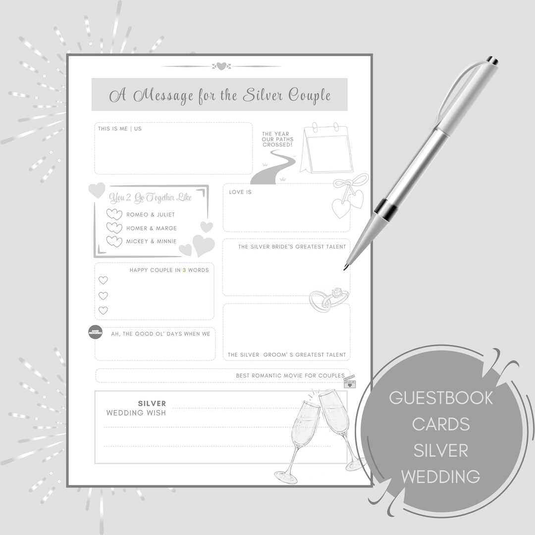 25th Anniversary Guest Book | Printable Cards for Silver Wedding Guests ...
