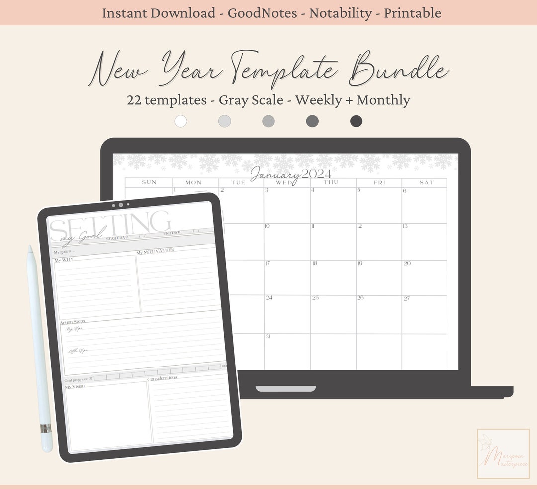 New Year Template Bundle- Gray Scale, Undated Planners, 2024 Calendar ...