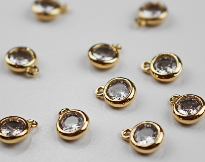 10pcs, Real 18K Gold Plated Cubic Zirconia Charms, Flat Round Gold ...