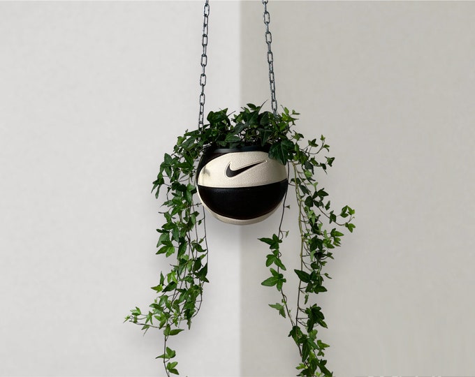 Black and White Mini Basketball Planter on Chain - Hanging Basketball ...