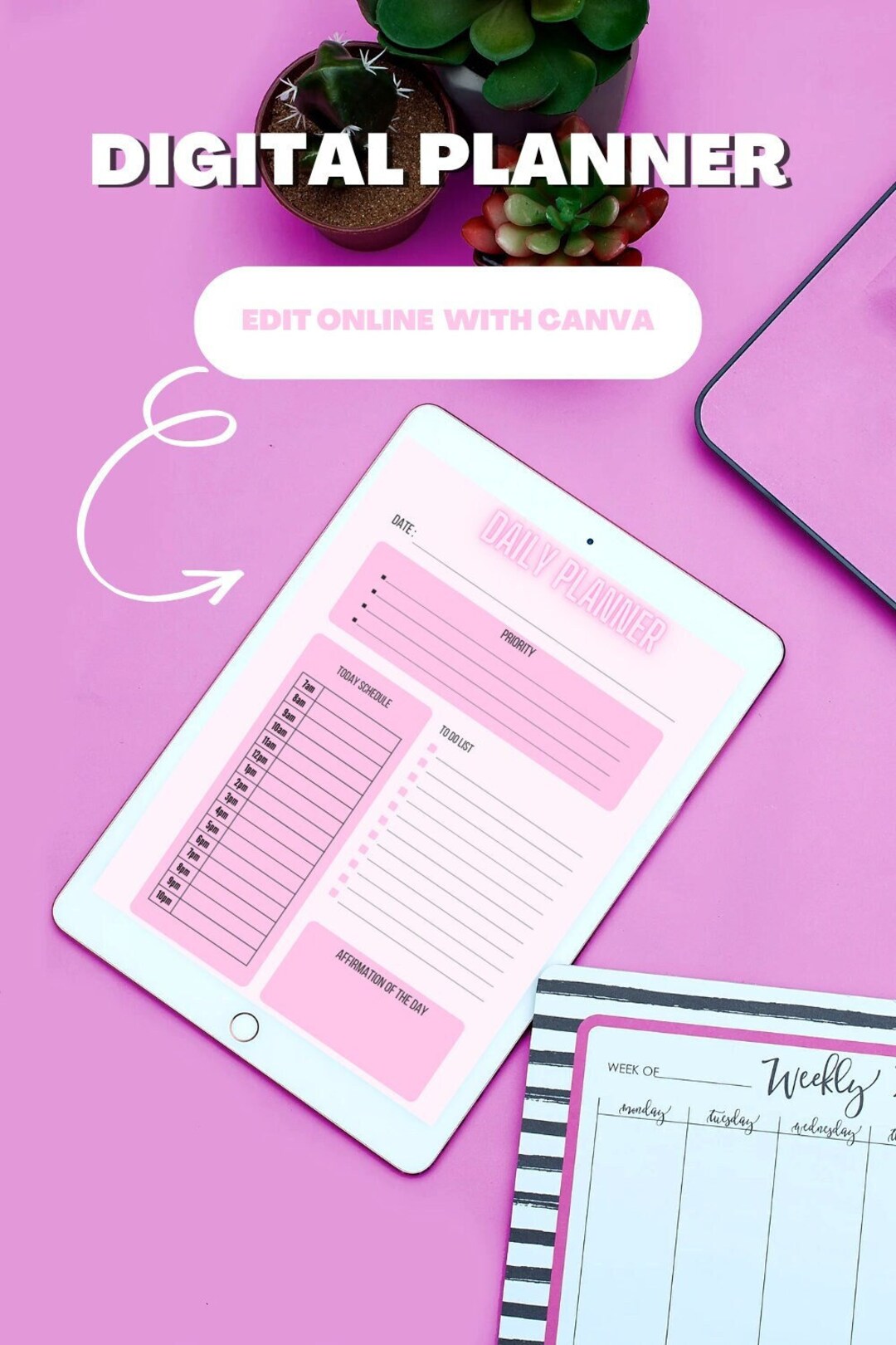 Pink Daily Planner, Digital Daily Planner, Printable Planner, Digital ...