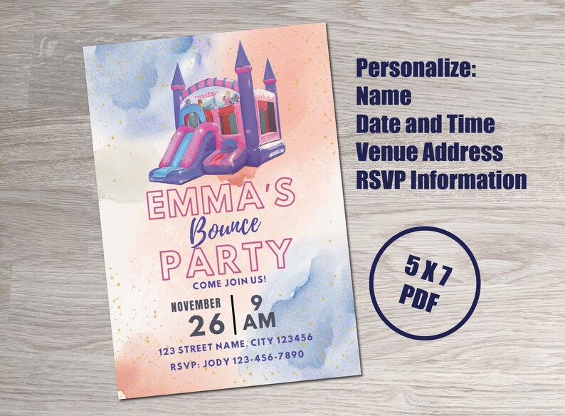 Purple and Pink Princess Bouncy Castle Invitation Customized Template ...