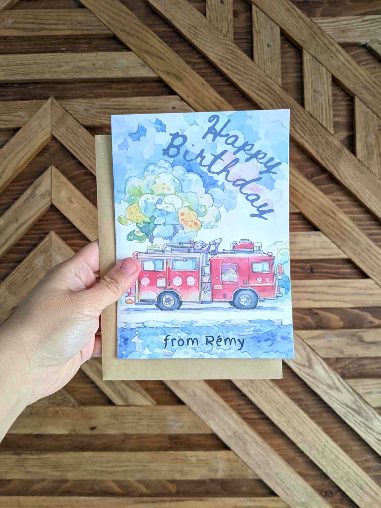 Custom Watercolor Fire Truck Birthday Card Happy Birthday - Etsy