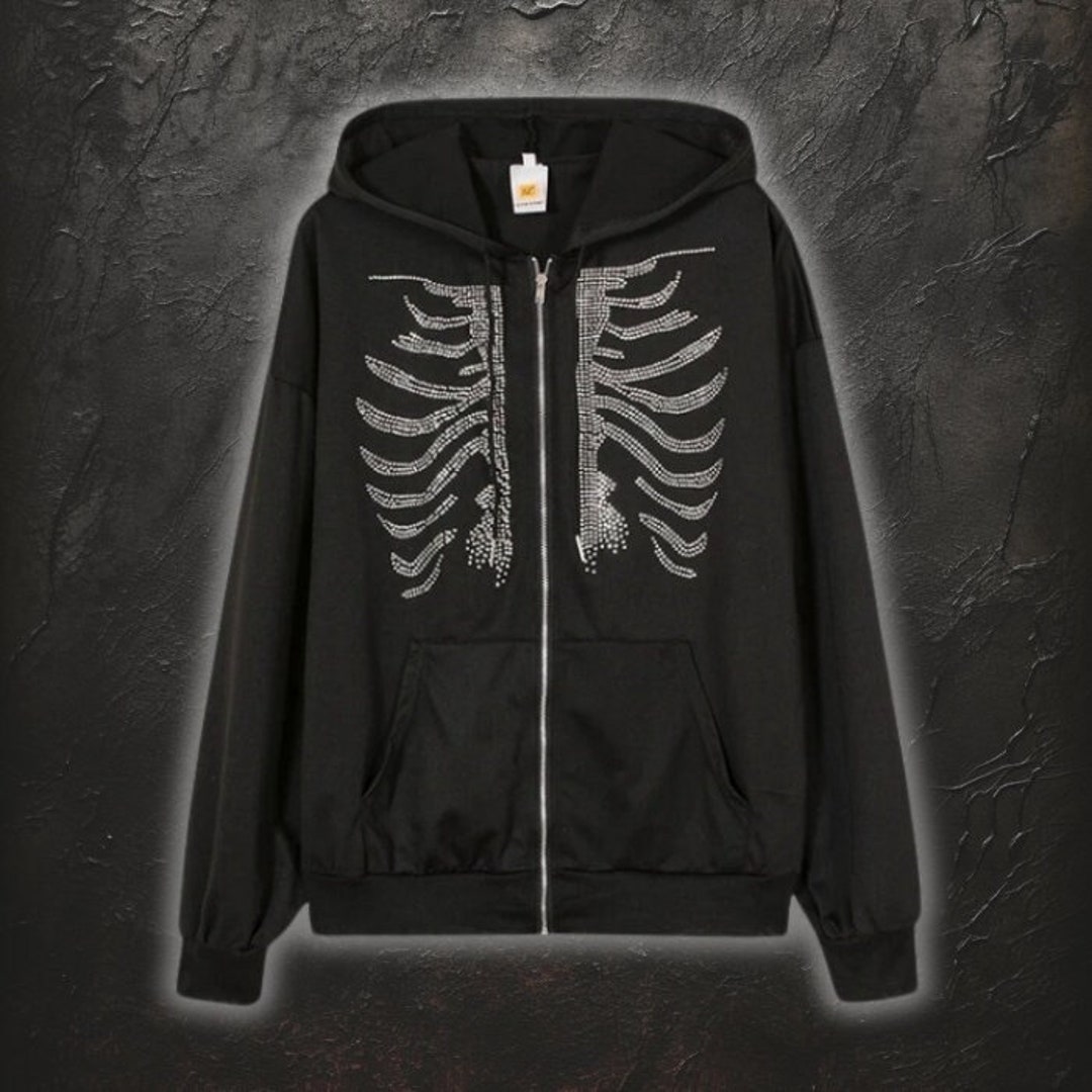 Y2K Rhinestone Skeleton Hoodie Y2K Zip up Hoodie Oversized - Etsy
