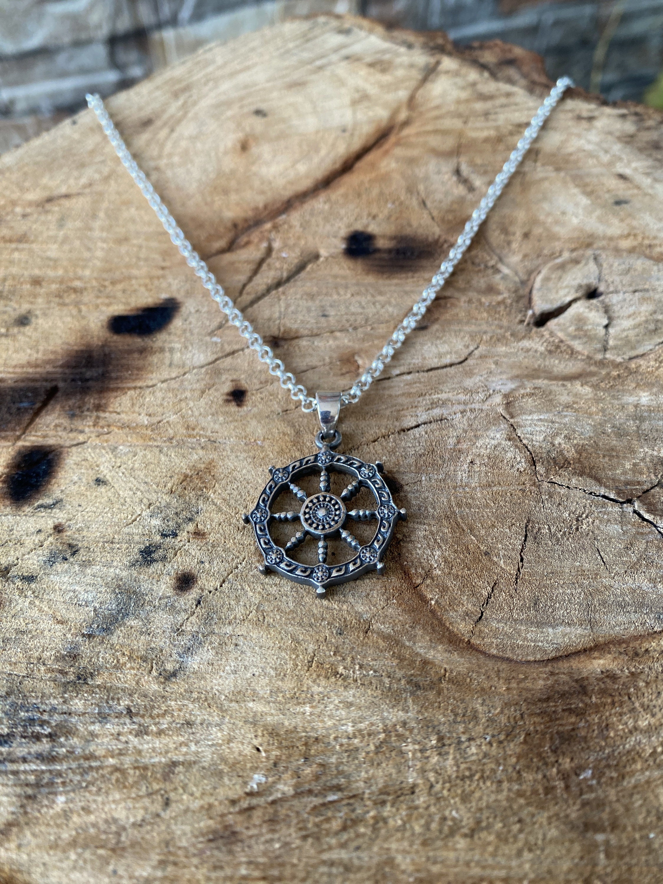 Handmade Wheel of Dharma Silver Necklace, Buddhist Eightfold Path ...