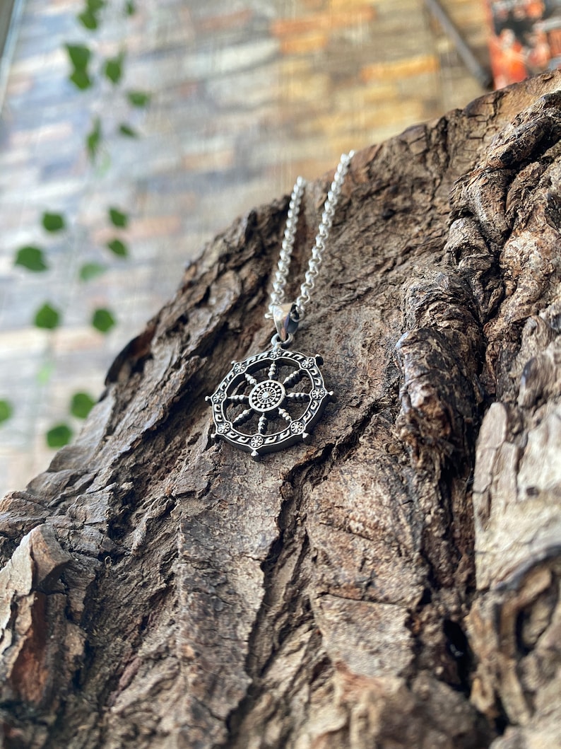 Handmade Wheel of Dharma Silver Necklace, Buddhist Eightfold Path ...