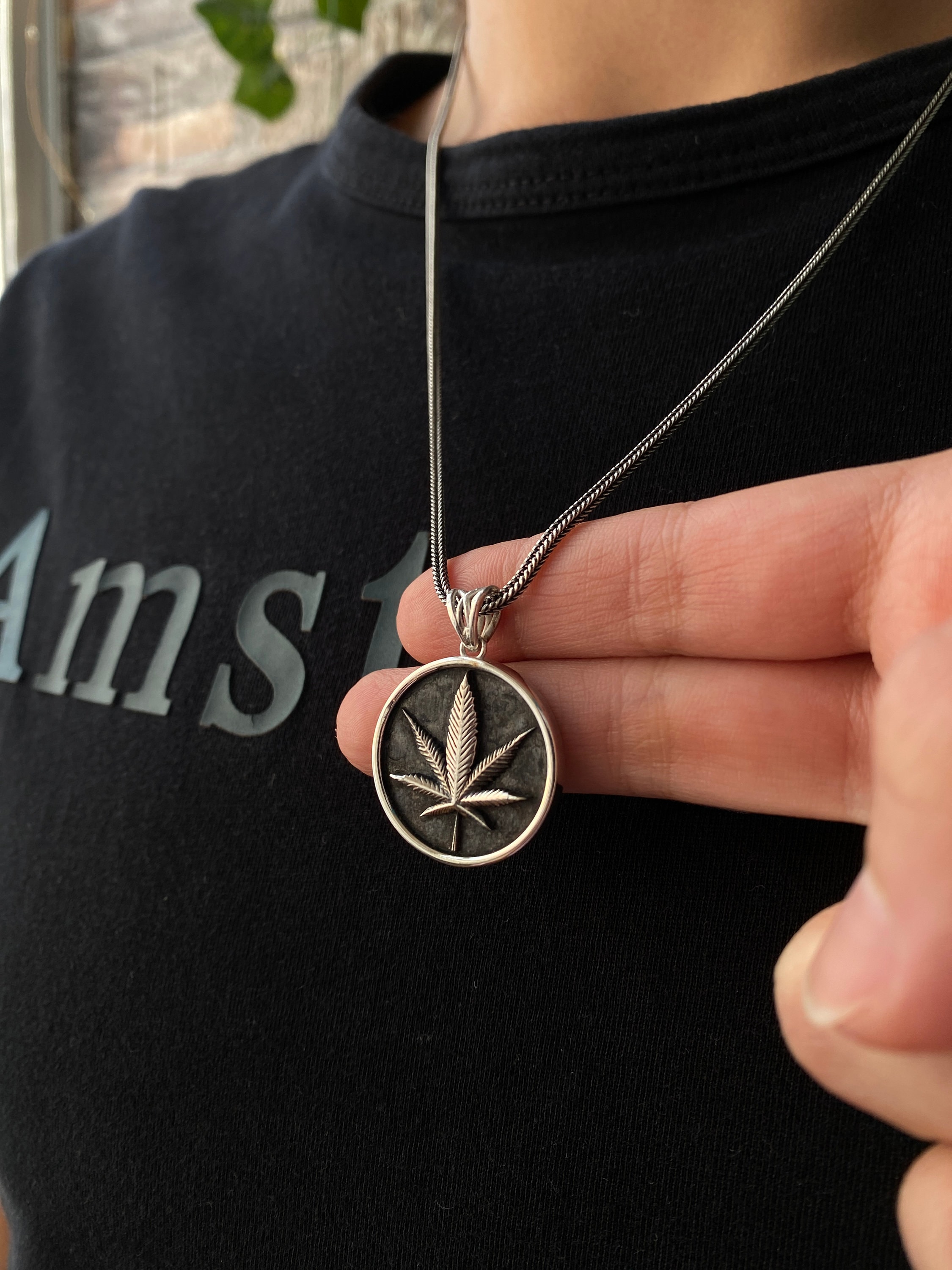 Handmade Men's Silver Cannabis Leaf Necklace, Personalized Unisex ...
