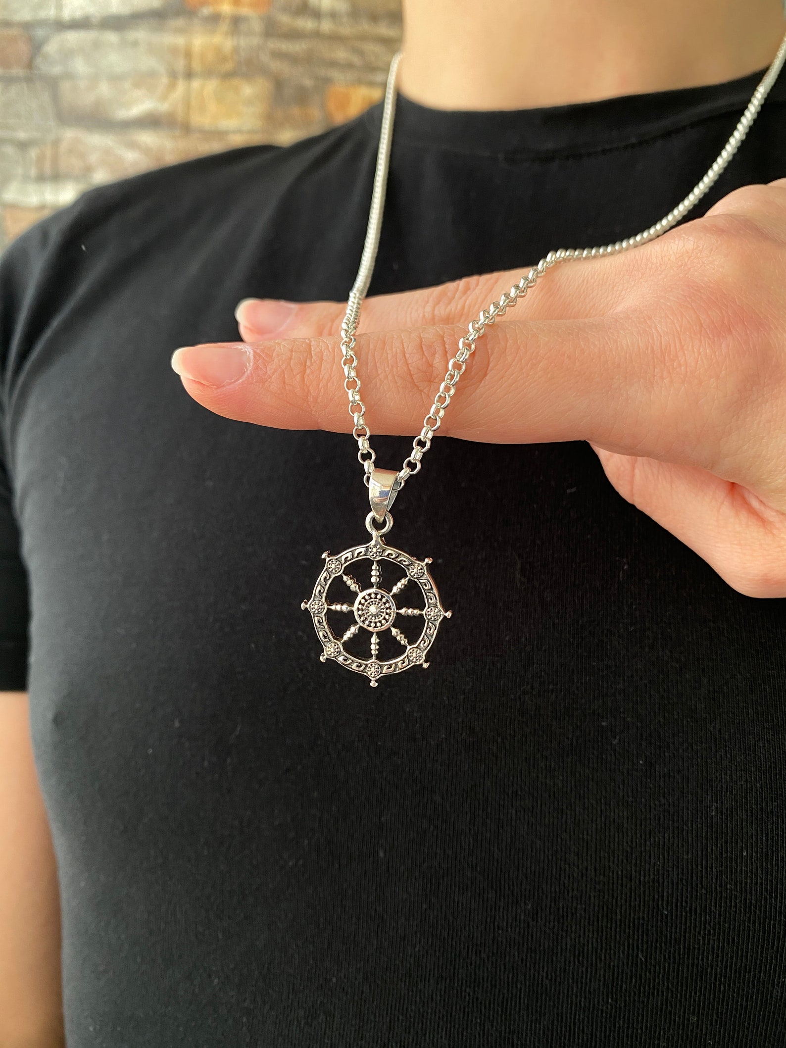 Handmade Wheel of Dharma Silver Necklace, Buddhist Eightfold Path ...